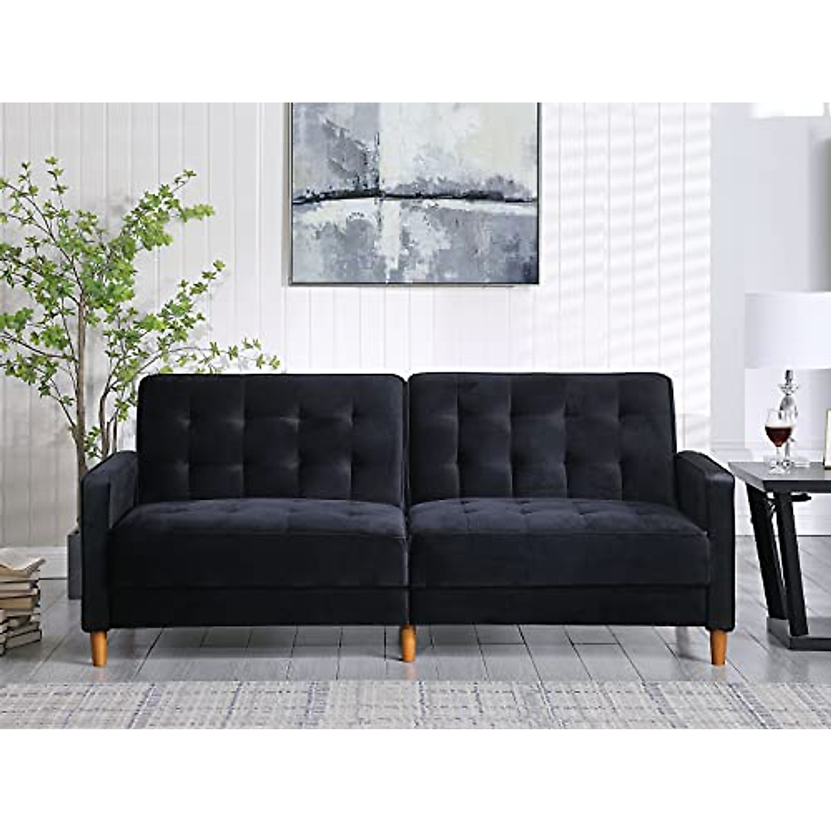 UBGO Convertible Sofa Bed, Adjustable Backrest Loveseat 2 Seat Lovers Couch with Square Arms, Small Space Furniture Set for Living Room, Bedroom, Office, (Velvet Fabric), Black D