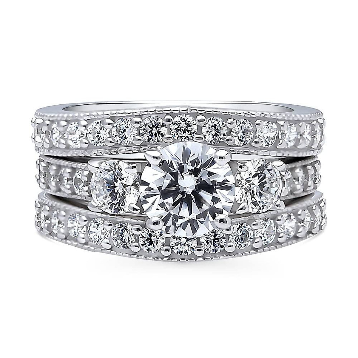 BERRICLE Sterling Silver 3-Stone Wedding Engagement Rings Round Cubic Zirconia CZ Ring Set for Women, Rhodium Plated Size 7