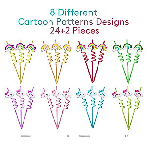 Rainbow Birthday Party Supplies Drinking Plastic Straws 24 for Kids Girls Boys Rainbow Cloud Party Favors Decorations with 2 Cleaning Brushes - Set of 26 (8 Styles)