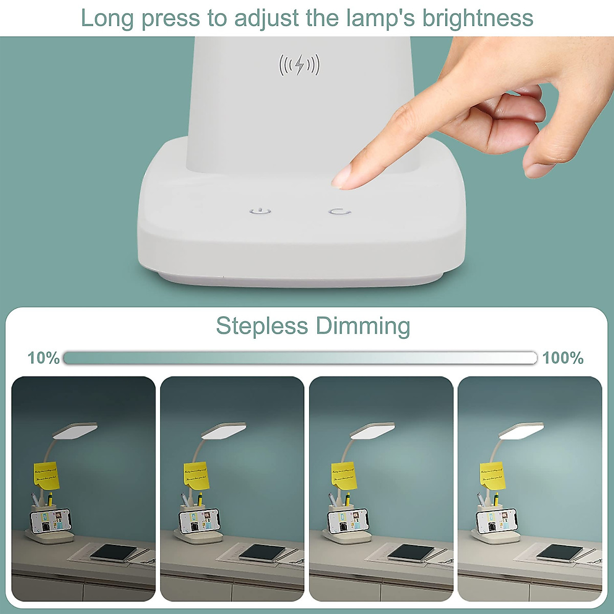 LED Desk Lamp with Wireless Charger, Sailstar White Desk Light with Pen Holder, 3 Color Modes with Stepless Dimming, CRI 85, 800 Lumen, Study Lamps for College Dorm Room, Home Office, Adapter Included