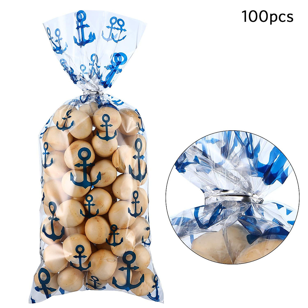 100 Pieces Nautical Anchors Party Bags Nautical Candy Cellophane Bags Heat Sealable Treat Bags with 100 Pieces Gift Twist Ties for Nautical Beach Decoration Themed Party(Blue, Red) (Blue)