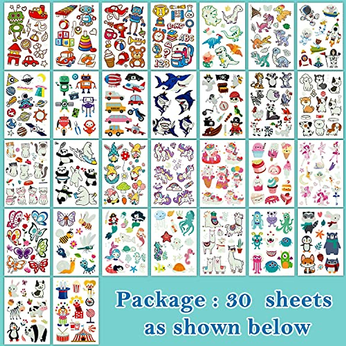 Partywind 380 Styles (30 Sheets) Luminous Tattoos for Kids, Mixed Styles Temporary Tattoos Stickers with Unicorn/Mermaid/Dinosaur/Outer Space/Pirate for Boys and Girls, Glow Party Supplies Gifts for Children