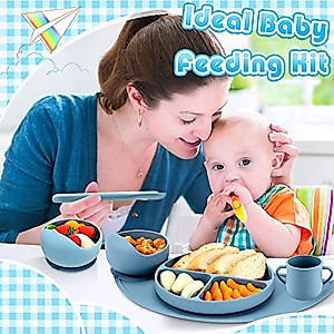 21 Pcs Baby Led Weaning Supplies Silicone Baby Feeding Set Baby Toddlers Utensils Divided Suction Plates Bowls Forks Spoons Cup Adjustable Bibs Placemat Self Feeding Eating Utensils, 3 Colors