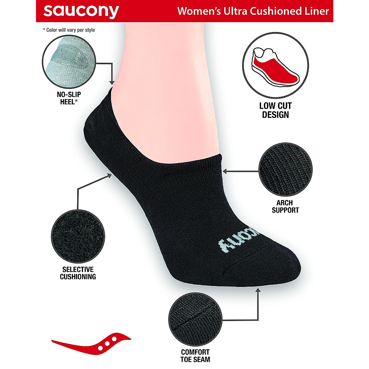 Saucony womens 8 Pairs No Show Cushioned Invisible Liner Running Socks, Black Basic (8 Pairs), Shoe Size 6-10 US