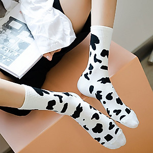 Joylife Cow Pattern Crew Socks Novelty Black White Quartz Socks Striped Checkered Dress Socks for Women, Lady, Girls, 7 Pack