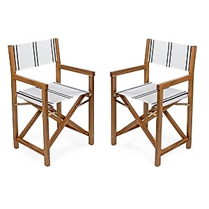 JONATHAN Y DRC1001B-SET2 Cukor Classic Vintage Outdoor Acacia Wood Folding Director Chair with Canvas Seat Mid-Century, Modern, Traditional, Classic, Coastal, White/Black Stripe/Teak Brown (Set of 2)