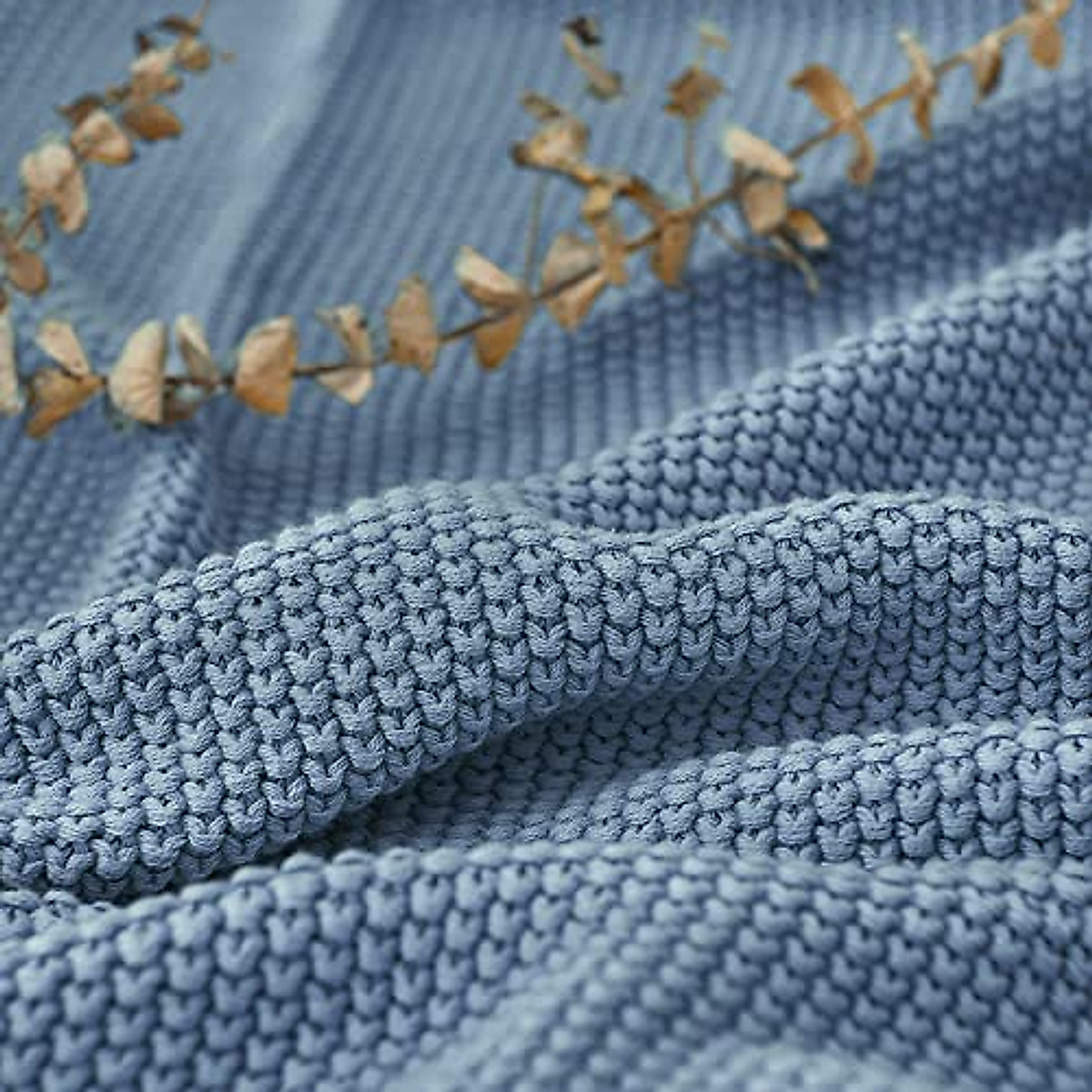Queenshin 100% Cotton Cozy Cable Knit Throw, Lightweight Fluffy Snuggle Bed Sofa Decorative Knitted Blanket 50 * 60 Inch, Blue