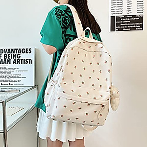 kakarin choyx Kawaii Backpack Mori Art Floral Backpack With Pendant 16.1 Inch Aesthetic Backpack Cute Backpack Classic Casual Computer Backpack (White)