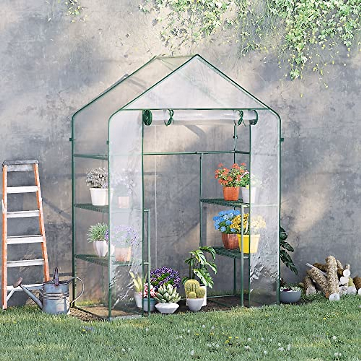 Outsunny 56" x 29" x 77" Outdoor Walk-in Greenhouse Garden Hot House with 3-Tier Shelving, Roll-Up Door & Weather Cover