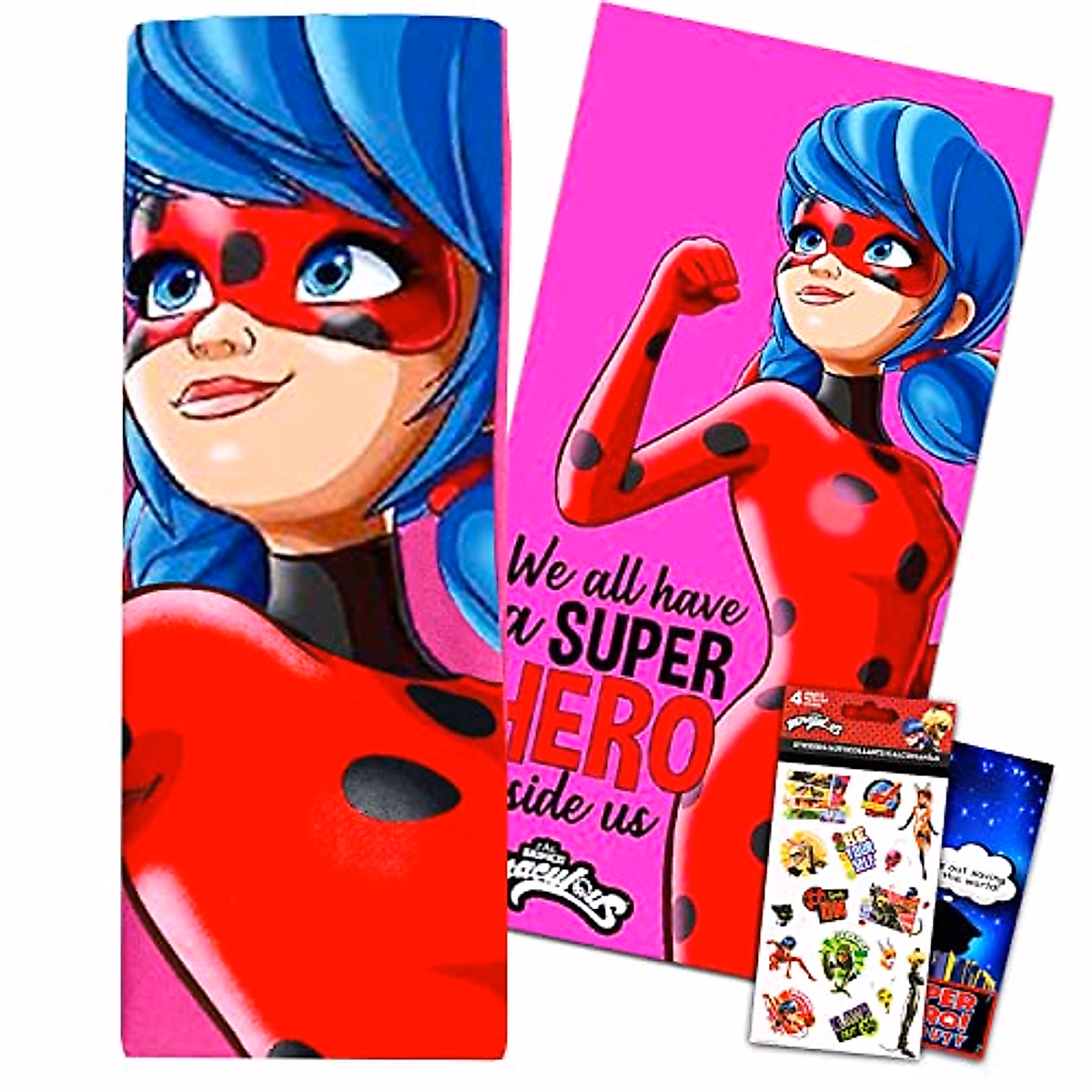 Zagtoon Miraculous Ladybug Beach Towel Set - Bundle with Miraculous Ladybug Microfiber Pool Towel with Bonus Stickers & More (Miraculous Ladybug Bath Set)