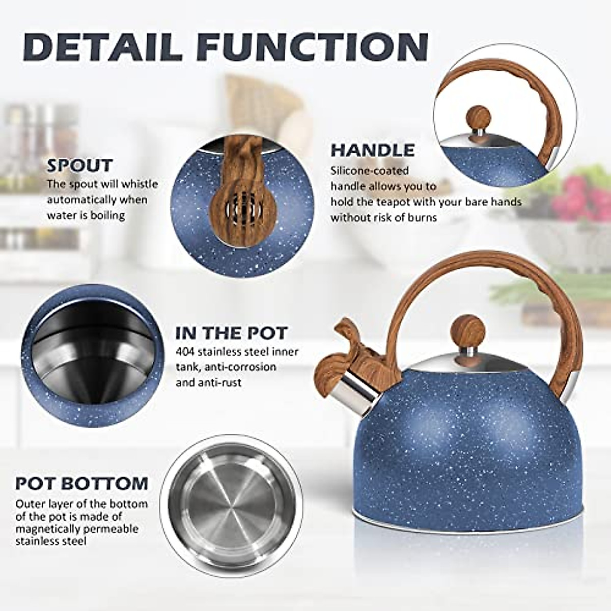 Tea Kettle for Stovetop, 2.5 Quart Stainless Water Teapot Boilers for Stovetops, Induction Stone Kettle with Loud Whistle - Perfect for Preparing Hot Water Fast for Coffee Tea (Blue)