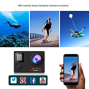 CAMWORLD Action Camera 4K 30FPS WiFi Ultra HD 4X Zoom PC Webcam Sports Underwater 30M Waterproof 170° Wide Angle Lens with Remote Control, 2 Batteries and Mounting Kit