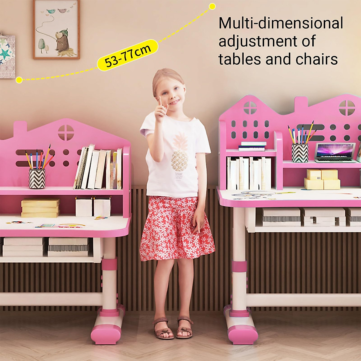 Kids Desk Chair Girls Pink Desk and Chair Set, Adjustable Height Children Study Table with Drawer, Separated Storage, Pedal, Widened Desktop Student Writing Desk for Bedroom Reading (Pink1)