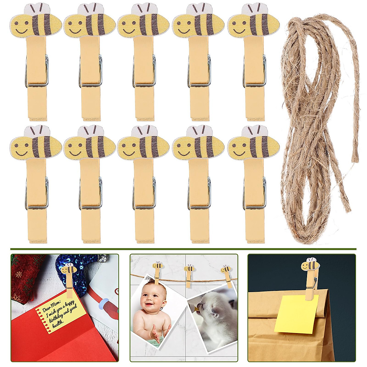 ABOOFAN 30Pcs Mini Clothespins with String Wooden Clothes Pins with Bee Photo Clips for Hanging Clip Photos, Clothes, Crafts, Arts Outdoor and Indoor