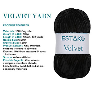 Estako Velvet Chenille Blanket amigurumi Yarn for Crocheting and Knitting Super Bulky 100 gr (132 yds) (1810 - Black)
