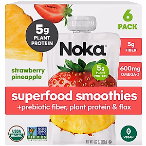 Noka Superfood Fruit Smoothie Pouches, Strawberry Pineapple, Healthy Snacks with Flax Seed, Prebiotic Fiber and Plant Protein, Vegan and Gluten Free, Organic Squeeze Pouch, 4.22 oz, 6 Count