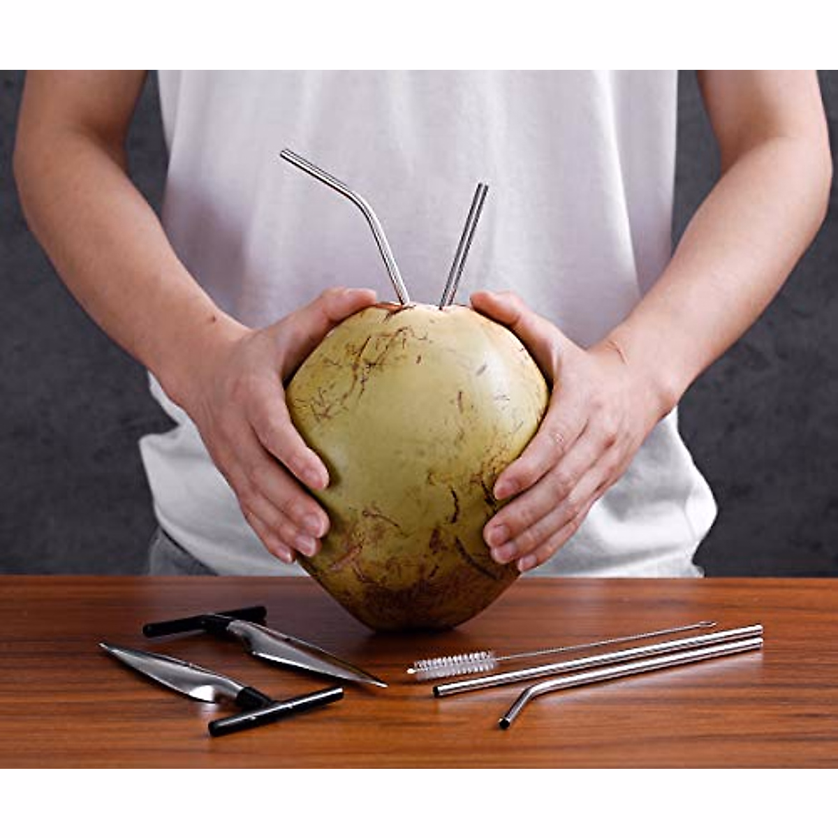 2 Pack Coconut Opener Tool Set with 4 Reusable Straws & Brush, Food Grade Stainless Steel Coco Nut Bottle Opener for Young Thai Green Fresh Coconut Water, Safe and Convenient Coco Drill Punch Tool