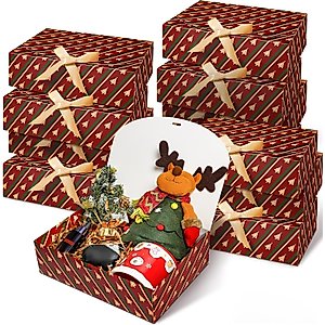 SWANGSA 12 Set Christmas Gift Box with Lids, 10.6''x8''x3'' Kraft Paper Gift Box, Christmas Tree Present Candy Cookie Boxes with Ribbon and 70pcs Adhesive Dots, for Holiday Party Favor Supplies