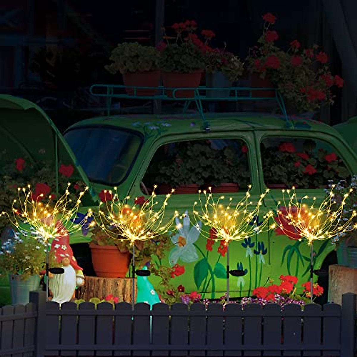 Solar Garden Lights, 4 Pack Solar Firework Lights Waterproof 105 LED Solar Garden Decorative Lights with 2 Lighting Modes DIY Landscape Lights for Garden Pathway Lawn Patio Decor (Warm White)