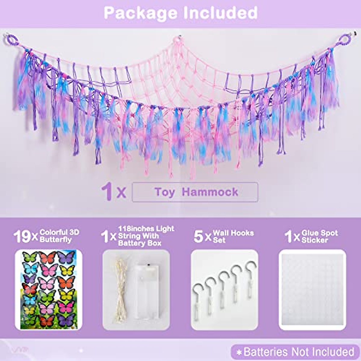 Beinou Stuffed Animals Net or Hammock with Butterfly Stuffed Animals Storage Holder with LED Light Toy Storage for Stuffed Animals for Girls Bedroom Decor