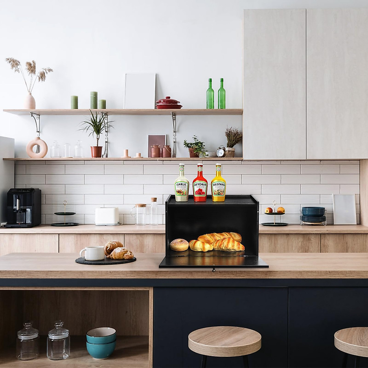 DECOCIAGA Bread Box for Kitchen Countertop, Large Capacity Bread Storage Container for Homemade Bread, Wooden Bread Holder Bread Bin for Kitchen Counter Corner, Cabinet, Pantry, Cupboard (Black)