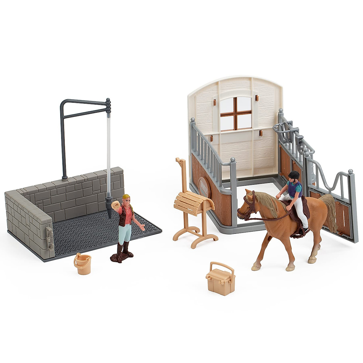 UANDME Horse Stable Playset Toys with Horse Wash Area Toy Figures for Boys and Girls Ages 5-12 Years Old, 13 Pieces Horse Stall Horse Barn Set with Tennessee Mare Horse