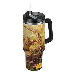 Flradish 30oz Tumbler with Handle, Highland Cow Flowers Stainless Steel Tumbler with Lid and Straws Double Wall Vacuum Insulated Leakproof Coffee Travel Mug