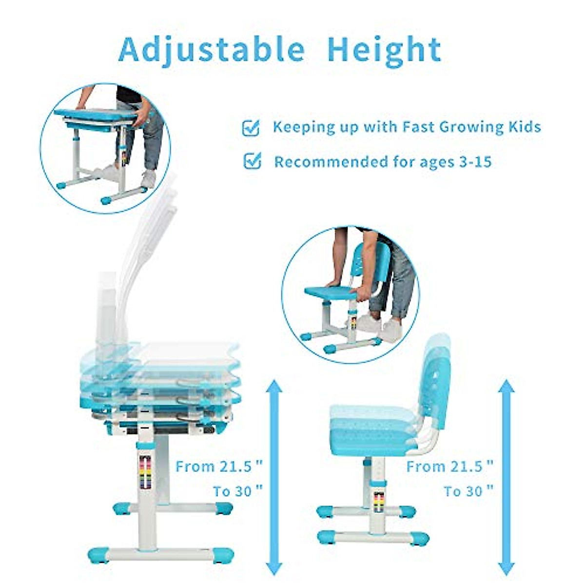 Gowxil Kids Study Desk and Chair Set, Multi Functional Height Adjustable Children School Study Desk with Tilt Desktop, Bookstand, LED Light, Metal Hook and Storage Drawer for Boys Girls, Blue