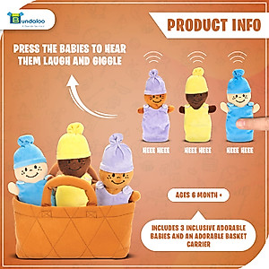 Bundaloo Basket of Babies with Realistic Giggling Sounds - Plush Baby Doll Set with Carrier - 3 Multicultural Dress Up Dolls Playset
