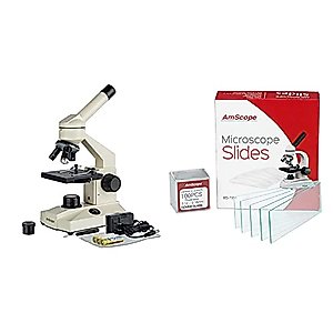 AmScope Optical Glass Lens All-Metal LED Compound Microscope, 6 Settings 40x-1000x & BS-72P-100S-22 72 Pieces of Pre-Cleaned Blank Microscope Slides and 100 Pieces of 22x22mm