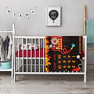 Fire Truck Baby Milestone Blanket for Boy Little Firefighter Monthly Growth Tracker Soft Plush Fleece Nursery Blanket Newborn Baby Boy Bedding Photography Background