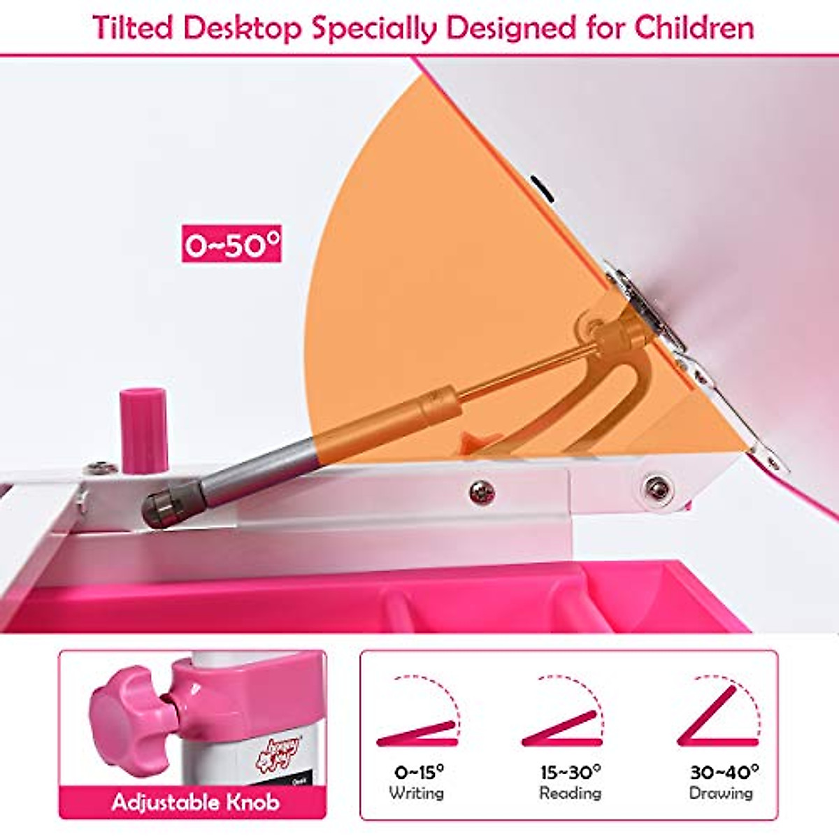 BABY JOY Kids Desk and Chair Set, Height Adjustable, Student Study Table with Storage Drawer, Bookshelf and Tilted Desktop, Children Writing Table for Studying, Reading and Drawing (Pink)