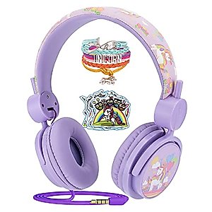 Joofooby Kids Unicorns Headphones with Mic for Travel/Car/Plane/School,Unicorns Gifts for Girls with Gifts Box,On/Over Ear HD Stereo with 95dB Volume Limited,Wired Headsets with Nylon Cable (Purple)