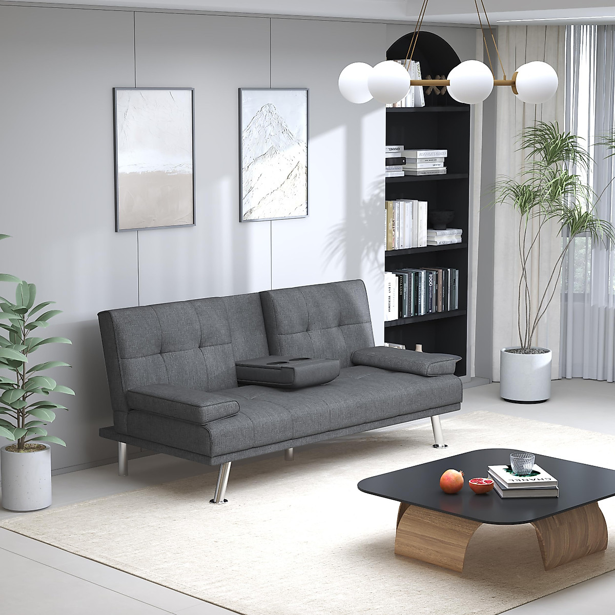 66'' Convertible Futon Sofa Bed Modern Folding Small Couch Bed Linen Fabric, Recliner Lounge Sofa for Living Room with 2 Cup Holders, Removable Armrests, Sleeper Loveseat, Futon Set (Black+ Gray)