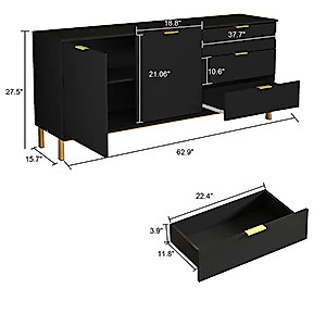 FUFU&GAGA Buffet Sideboard with 3 Drawers & 2 Doors Storage, Buffet Cabinet Sideboard Credenza Coffee Bar Cabinet, Metal Legs, for Dining Room and Living Room (62.9”W x 15.7”D x 27.5”H) (Black)