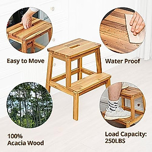 Wooden 2 Step Stool for Children Adults, Multifunctional Large Kitchen Step Helper for Toilet Bathroom Bedroom, Stepping Standing 2-Step Ladder, 16.9" D x 15.4" W x 19.6" H, Easy to Assemble, Natural