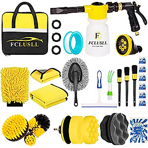 FCLUSLL 27Pcs Car Wash Kit with Foam Gun Sprayer, Car Cleaning Kit with 6 in 1 Adjustable Nozzle Drill Brush Set Tire Polishing Applicator Pad Wash Mitt Towel, Quick Connects to Most Garden Hose