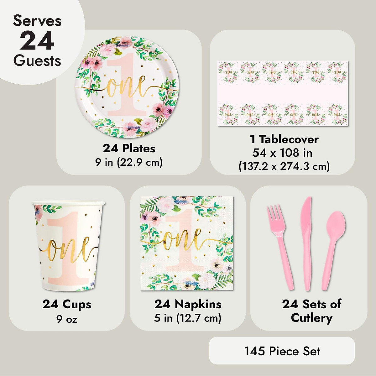 145-Piece Baby Girl's 1st Birthday Party Decorations, Floral Little Miss Onederful Dinnerware with Tablecloth (Serves 24)