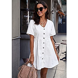 luvamia Women's Denim Shirt Dress Button Down Skirt V Neck Short Sleeve Jean Dresses Cute Dresses Skater Dress Knee Length Dress for Women A Line Dresses for Women Brilliant White Size Medium