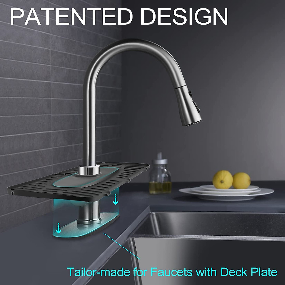 Kingmall Silicone Faucet Mat, Kitchen Faucet Mat for Drip Catcher, 100% Food Grade Silicone, Black, Deck Mount, Single Hole, Reusable, for Faucets with 1cm(0.4 Inch) Deck Plate