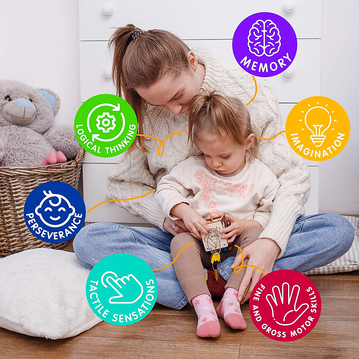 Wooden Activity Cube for Toddlers 1-3 Year 6in1 Car Lacing Beads Puzzles - 3.15 х 3.15 h - Sensory Busy Board – Travel Plane Handmade Fidget Toys – Baby Kids Montessori Activities