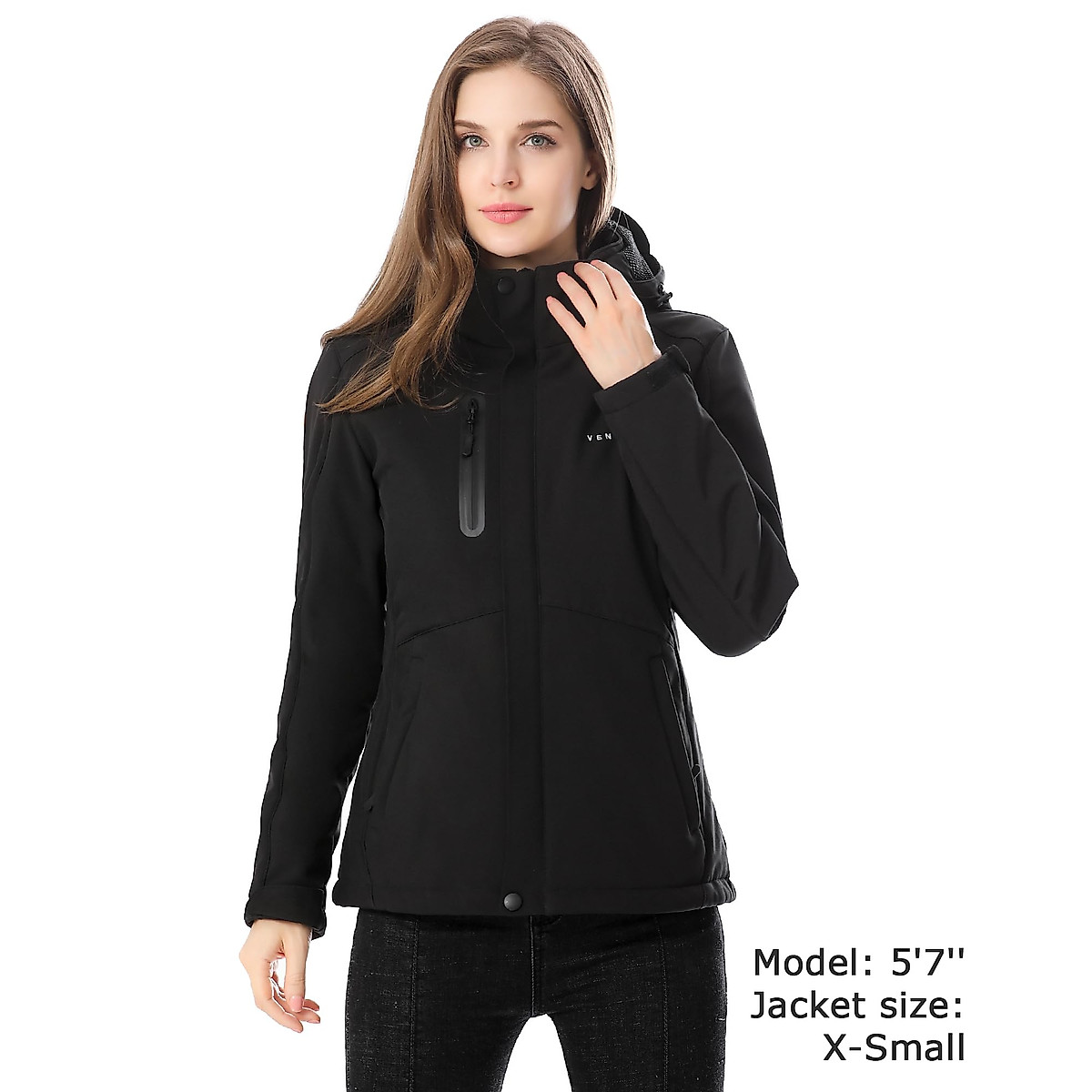 Venustas Women's Heated Jacket with Battery Pack 7.4V, Windproof Electric Insulated Coat with Detachable Hood Slim Fit