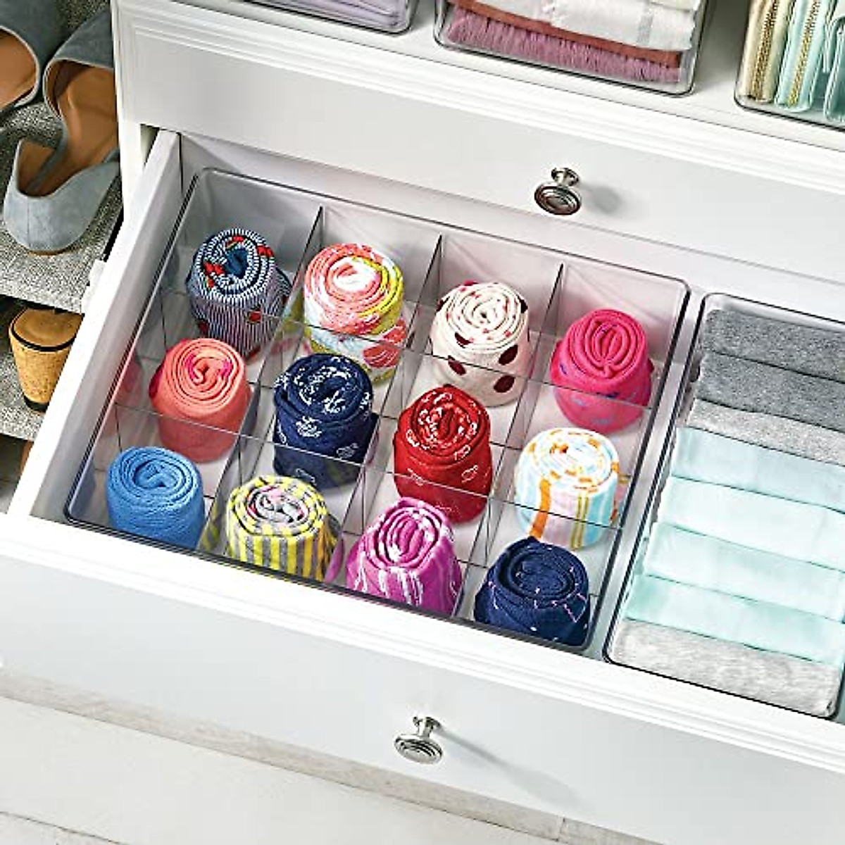 mDesign Plastic 12 Compartment Divided Drawer and Closet Storage Bin - Organizer for Scarves, Socks, Ties Bras, and Underwear - Dress Drawer, Shelf Organizer - Lumiere Collection - 8 Pack - Clear