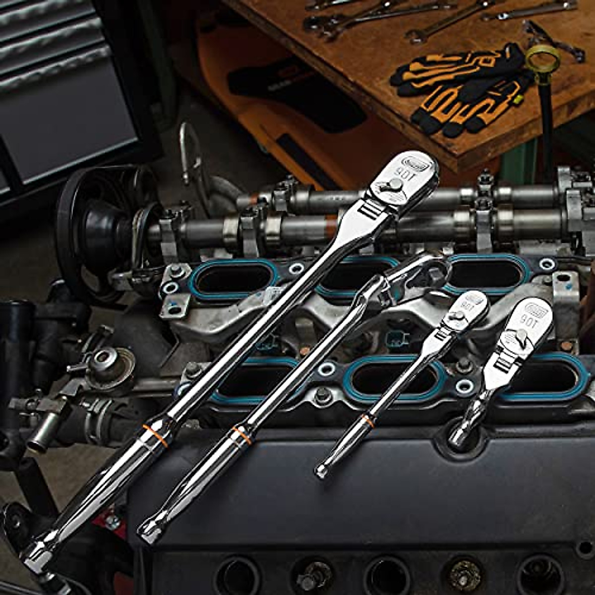 GEARWRENCH 4 Piece 1/4", 3/8" & 1/2" Drive 90 Tooth Full Polish Flex-Head RATCHET Set - 81230T, Multicolored