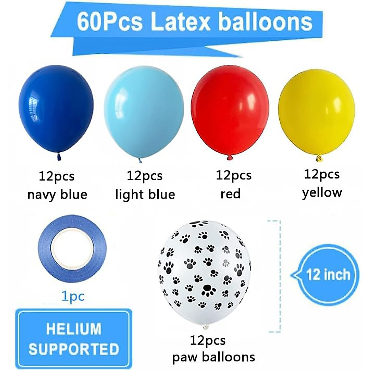 Dog Paw Balloons 12 Inch Dog Paw Print Latex Balloons Red Yellow Blue Royal Blue Paw Balloon for Puppy Paw Themed Boy Birthday Party Decorations Supplies