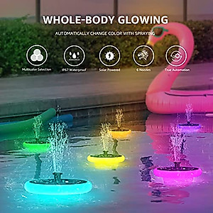 Solar Fountain Pump with RGB Lights Bird Bath Fountain with 6 Nozzles Free Standing Floating Solar Powered Water Fountain Pump for Patio Garden Bird Bath Pond Outdoor Pool