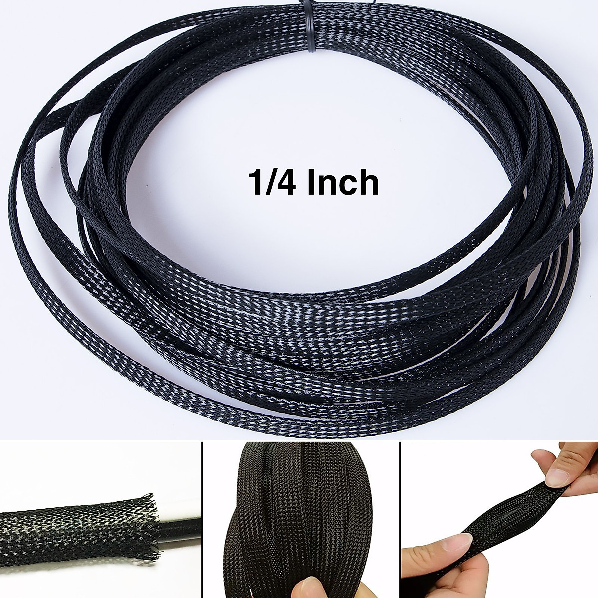 Besteek 50ft - 1/2 Inch & 1/4 Inch Expandable Braided Cable Sleeve, Braided Wire Sleeving, Cable Wrap Mesh Wire Loom