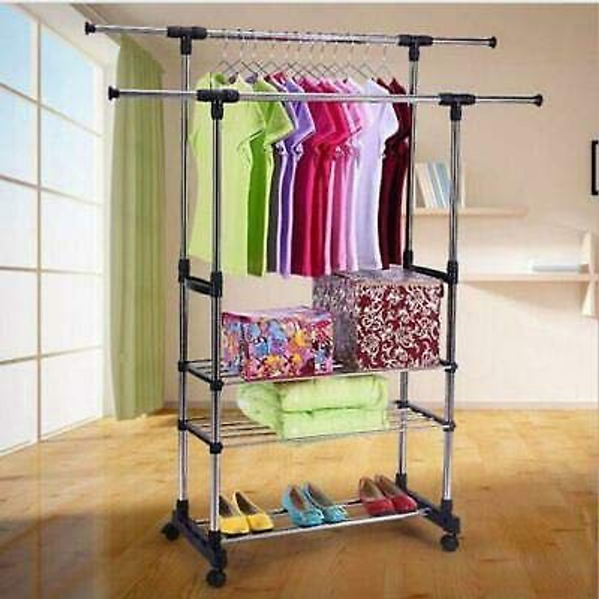6842 –3 Tier- Heavy Duty Rail Portable Clothes Hanger Rolling Garment Rack - MN29