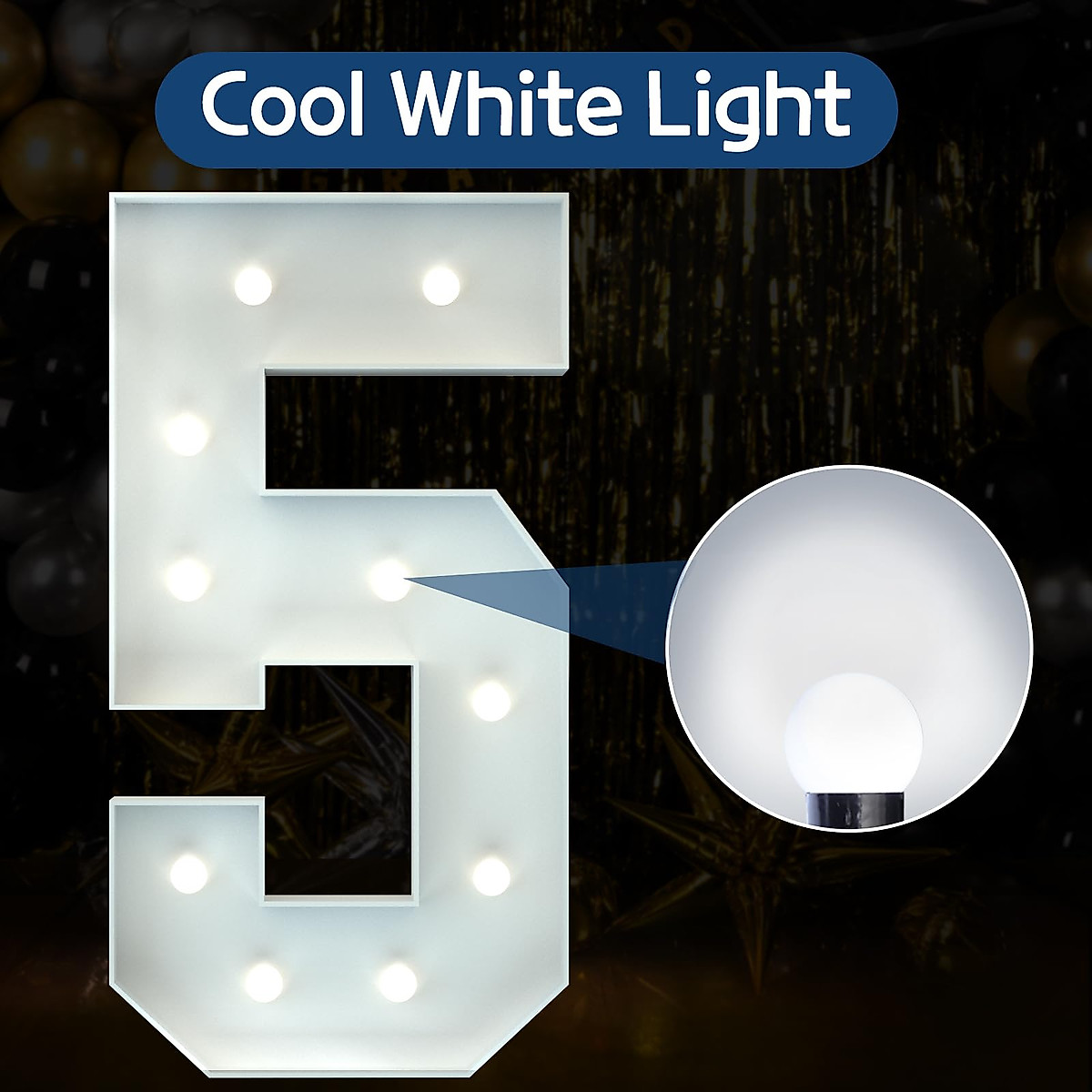 imprsv 4FT Marquee Light Up Numbers, Marquee Numbers 5, Cool White Light Up Numbers for Party, Big Numbers for 5th 15th 25th 50th Birthday Party Decorations, Anniversary Decor