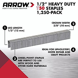Arrow 508 Heavy Duty T50 1/2-Inch Staples for Upholstery, Construction, Furniture, Crafts, 1250-Pack